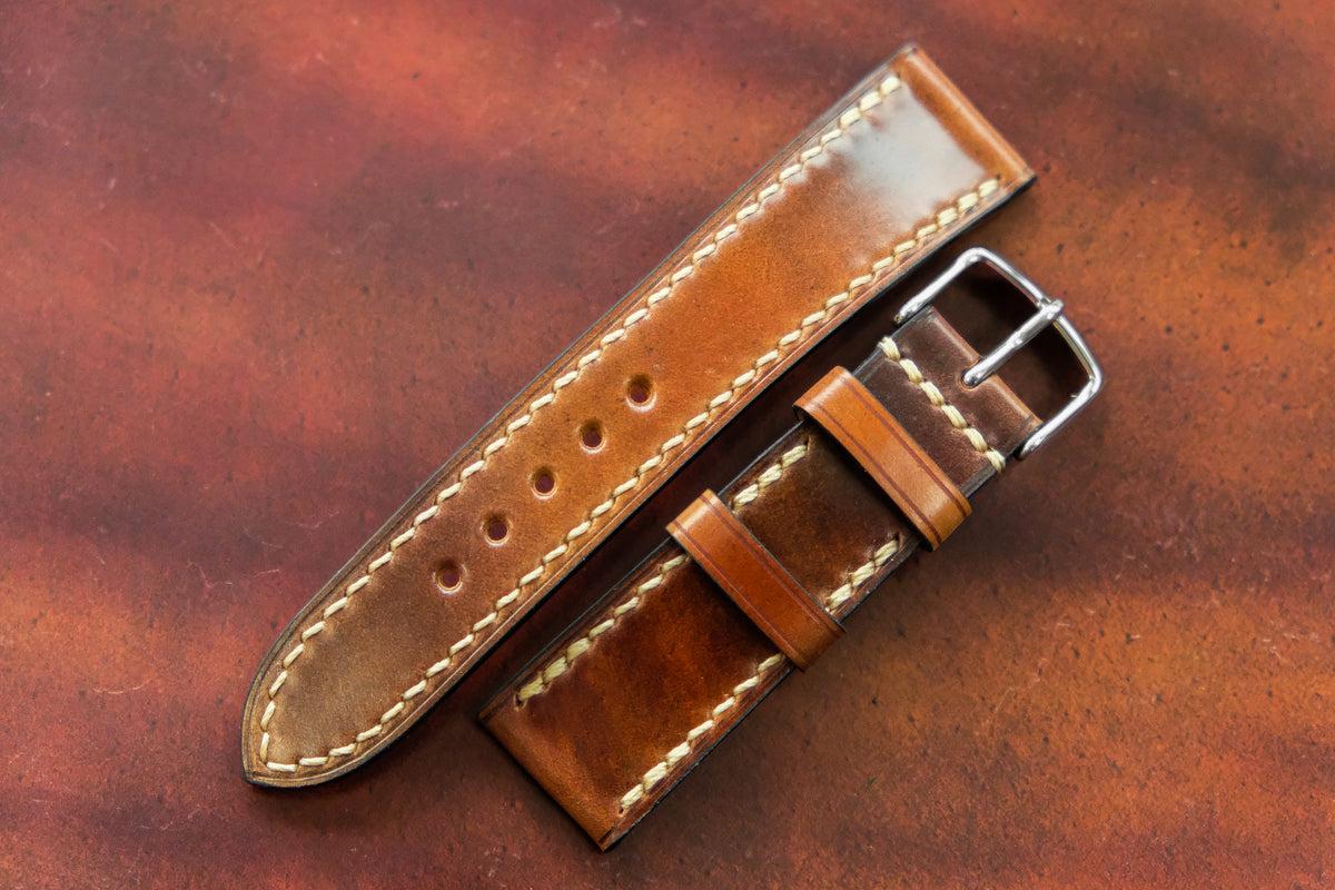 Horween Shell Cordovan Marbled Colour 8 Full Stitch Leather Watch Stra ...