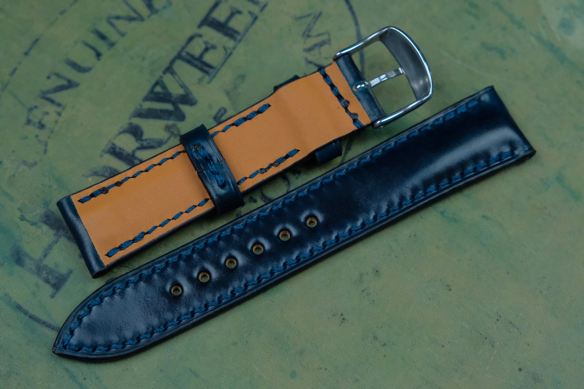 Horween Shell Cordovan Navy Half Padded FS Leather Watch Strap – THE ...