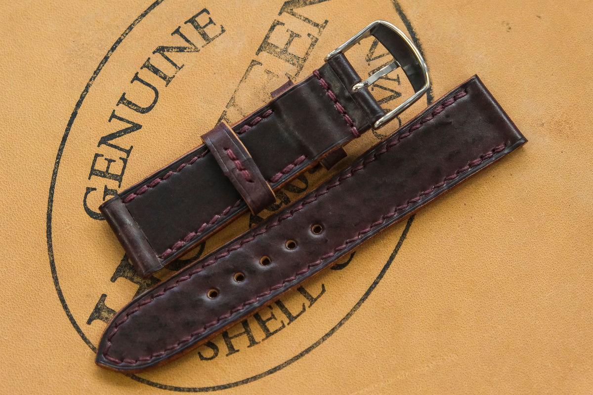 Horween Shell Cordovan Tumbled Colour 8 Full Stitch Leather Watch Stra ...